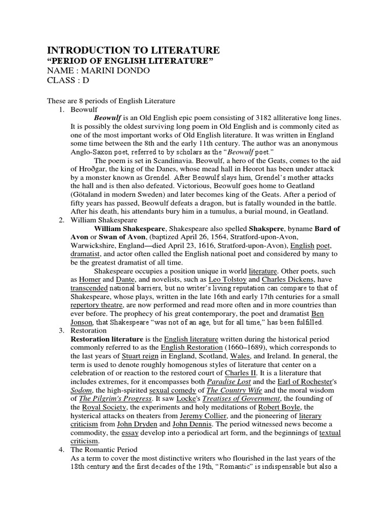 Introduction To Literature | PDF | Transcendentalism | Beowulf