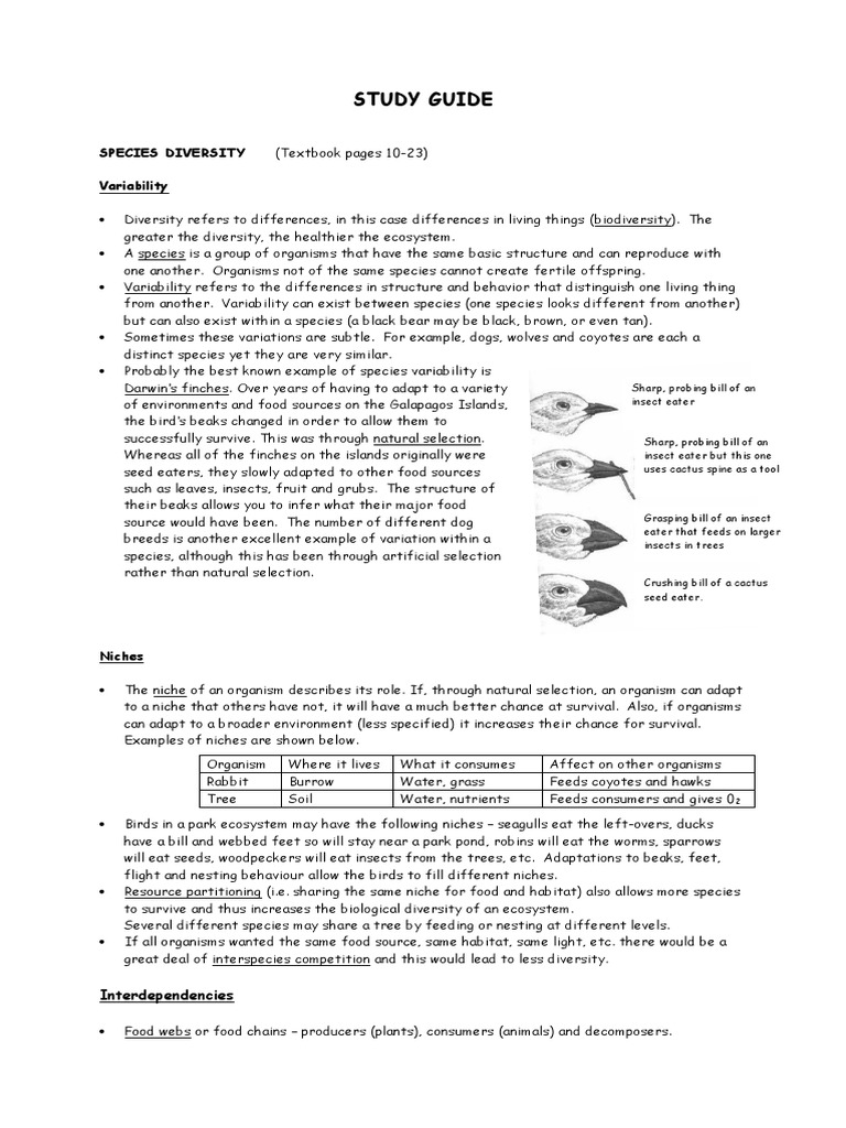 Study Guide: SPECIES DIVERSITY (Textbook Pages 10-23) Variability | PDF ...