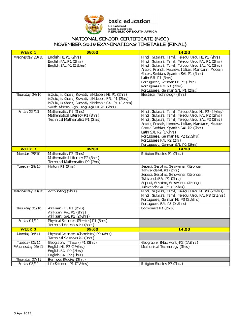 Nov 2019 NSC Timetable | PDF | Languages | Language Arts & Discipline