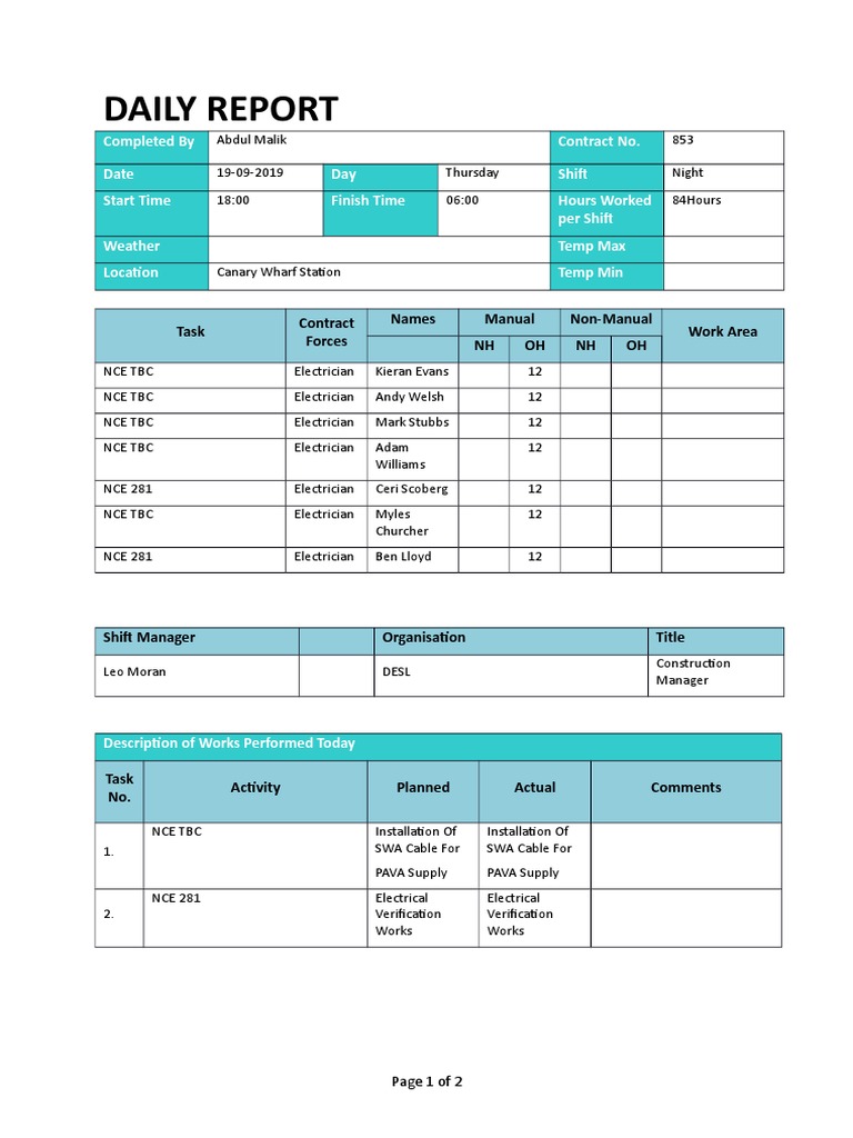 Dornan Engineering - Canary Wharf Daily Report Night Shift Template ...