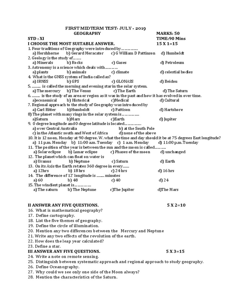 Geography MARKS: 50 STD: Xi TIME:90 Mins I Choose The Most Suitable Answer. 15 X 1 15 | Download ...