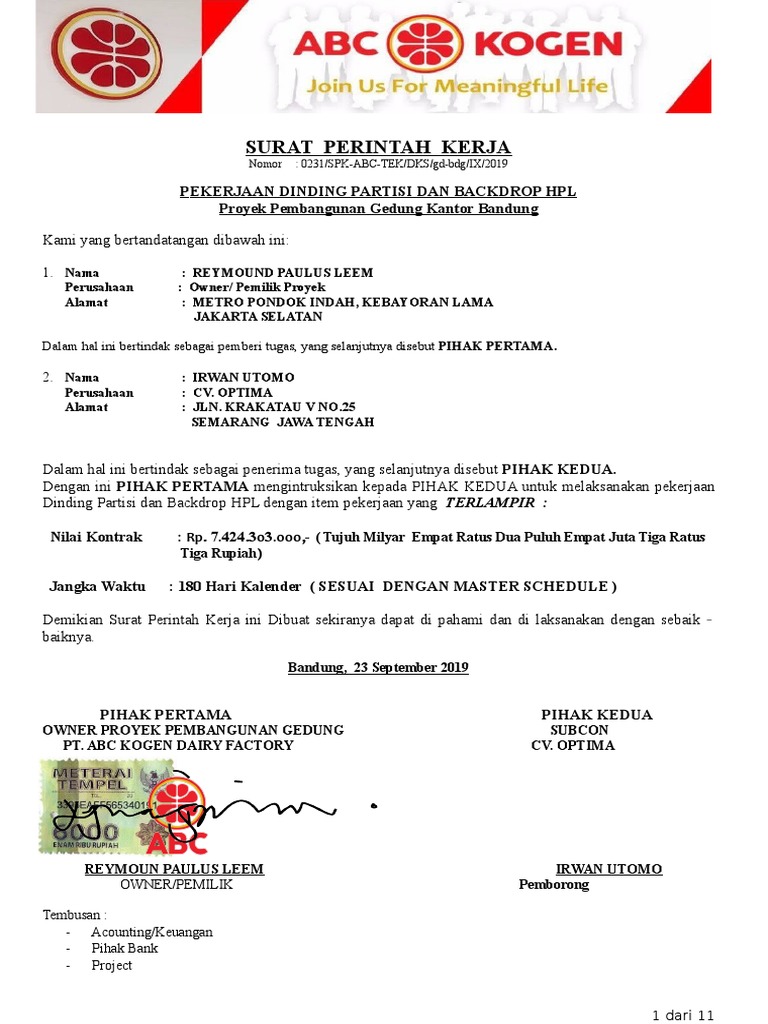 (CV Optima) Draft SPK Dan SPMK, SPL Dan Rekomendasi Kad Mandiri | PDF