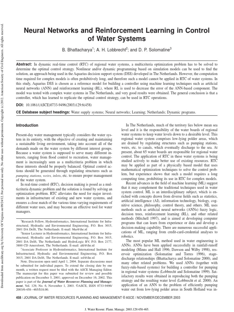 Neural Networks and Reinforcement Learning in Control of Water Systems ...