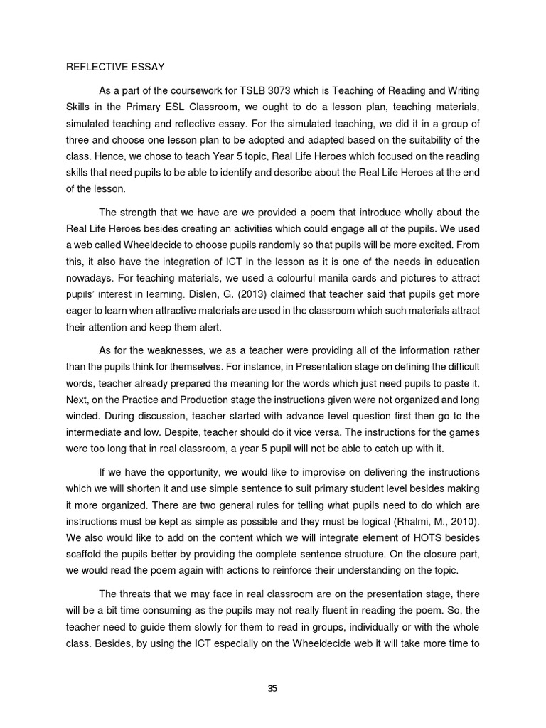 Reflective Essay R&W | PDF | Lesson Plan | Teachers
