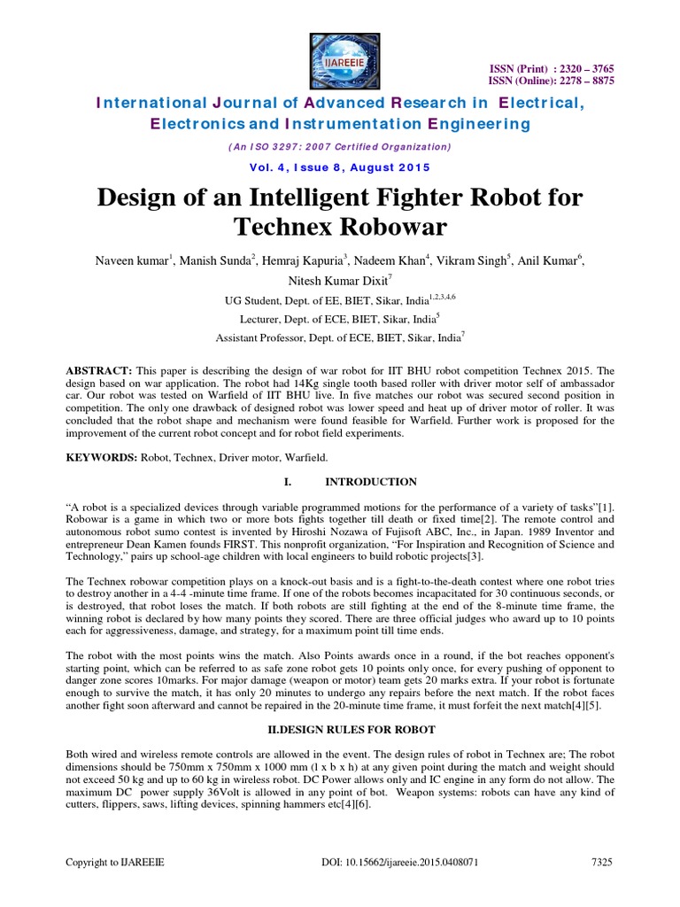 Design of An Intelligent Fighter Robot For Technex Robowar | PDF ...