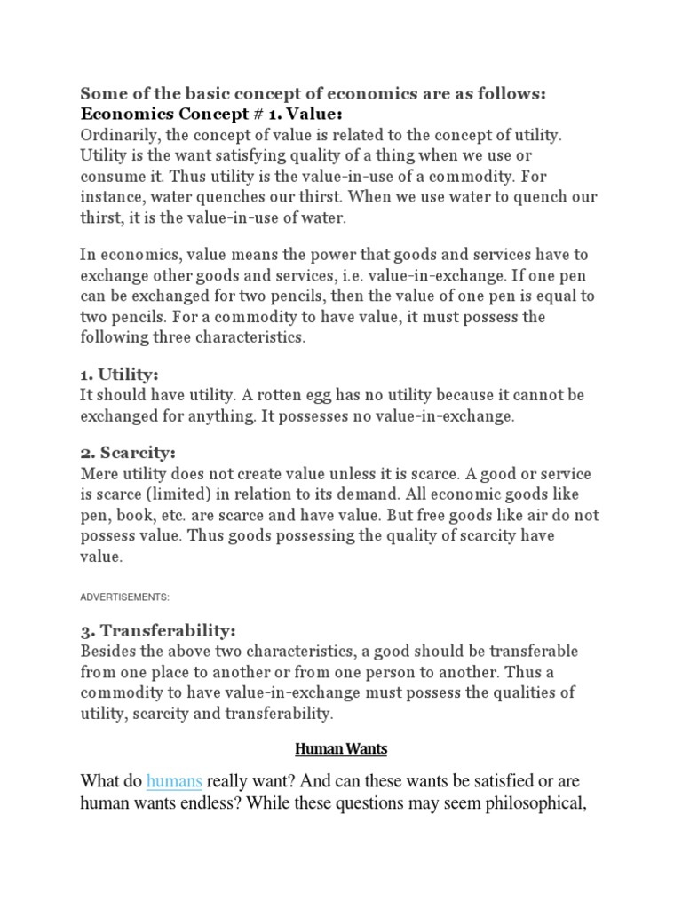 Basic Economics Concepts: Value, Utility, Scarcity and Classification ...