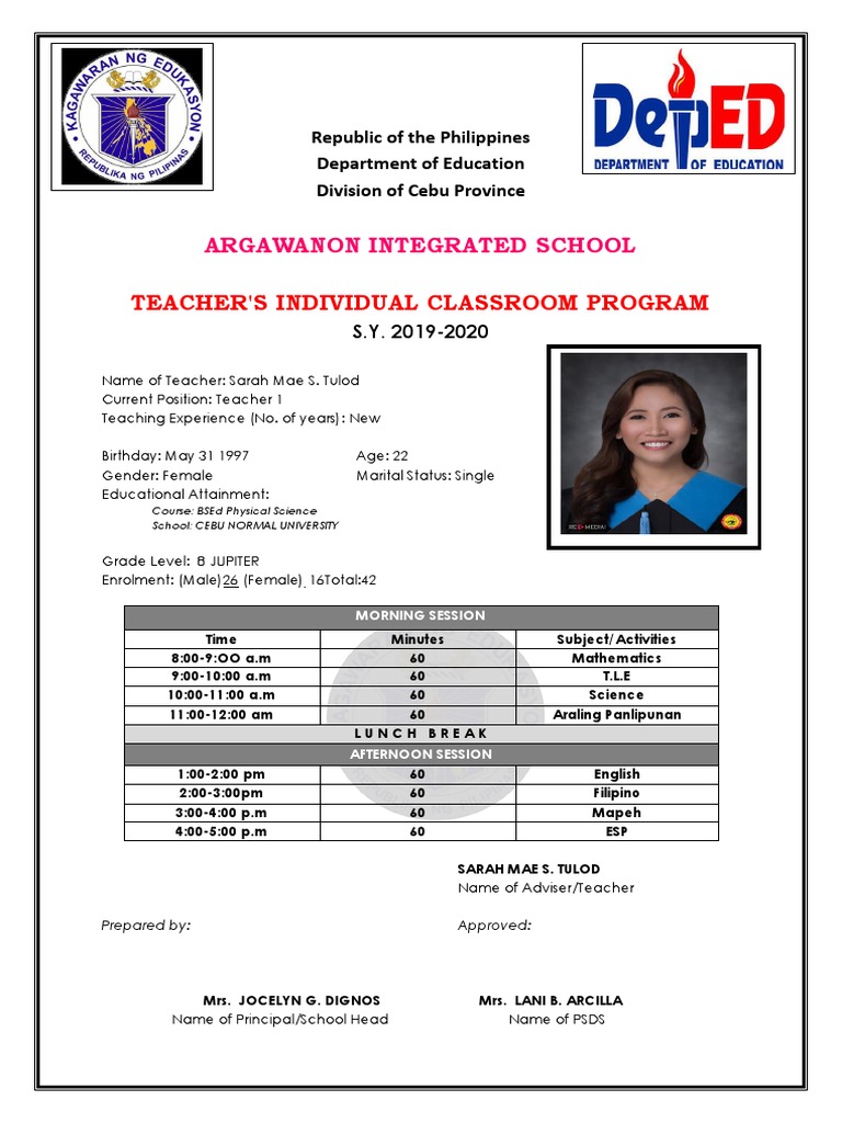 Argawanon Integrated School: Teacher'S Individual Classroom Program ...