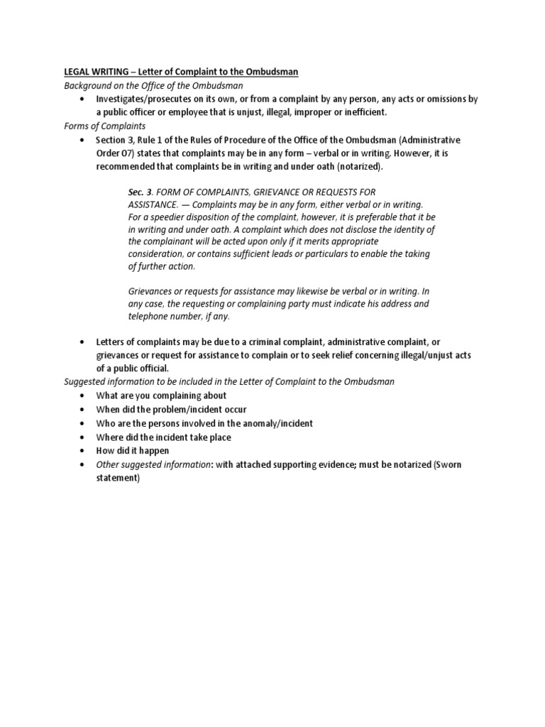 LEGAL WRITING - Letter of Complaint To The Ombudsman: Sec. 3. Form of ...