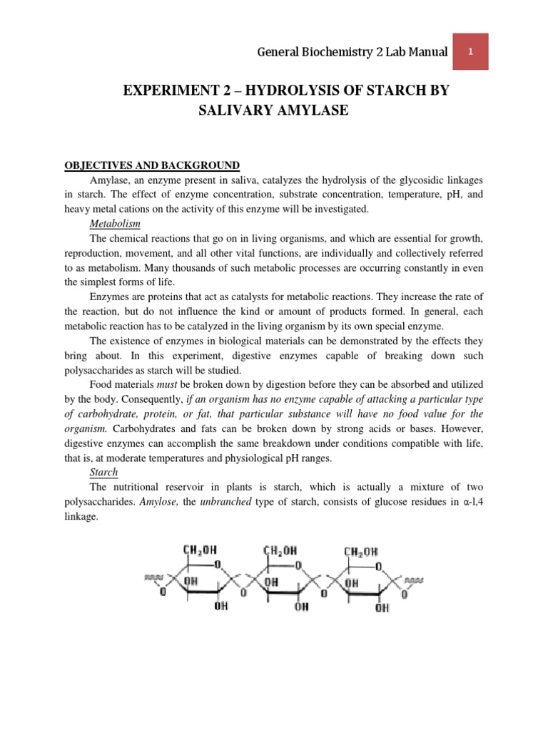 Experiment 2 - Hydrolysis of Starch by Salivary Amylase: General ...