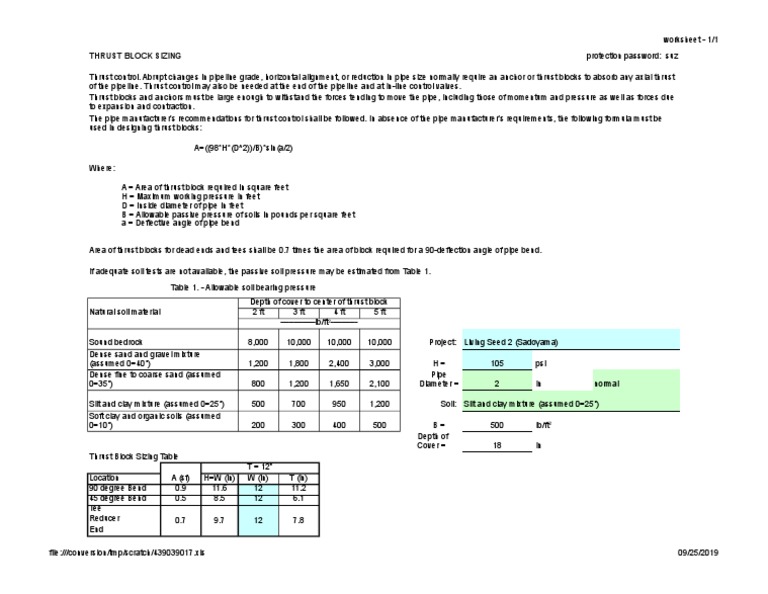 Thrust Block Sizing Calculations | PDF | Soil | Pipe (Fluid Conveyance)