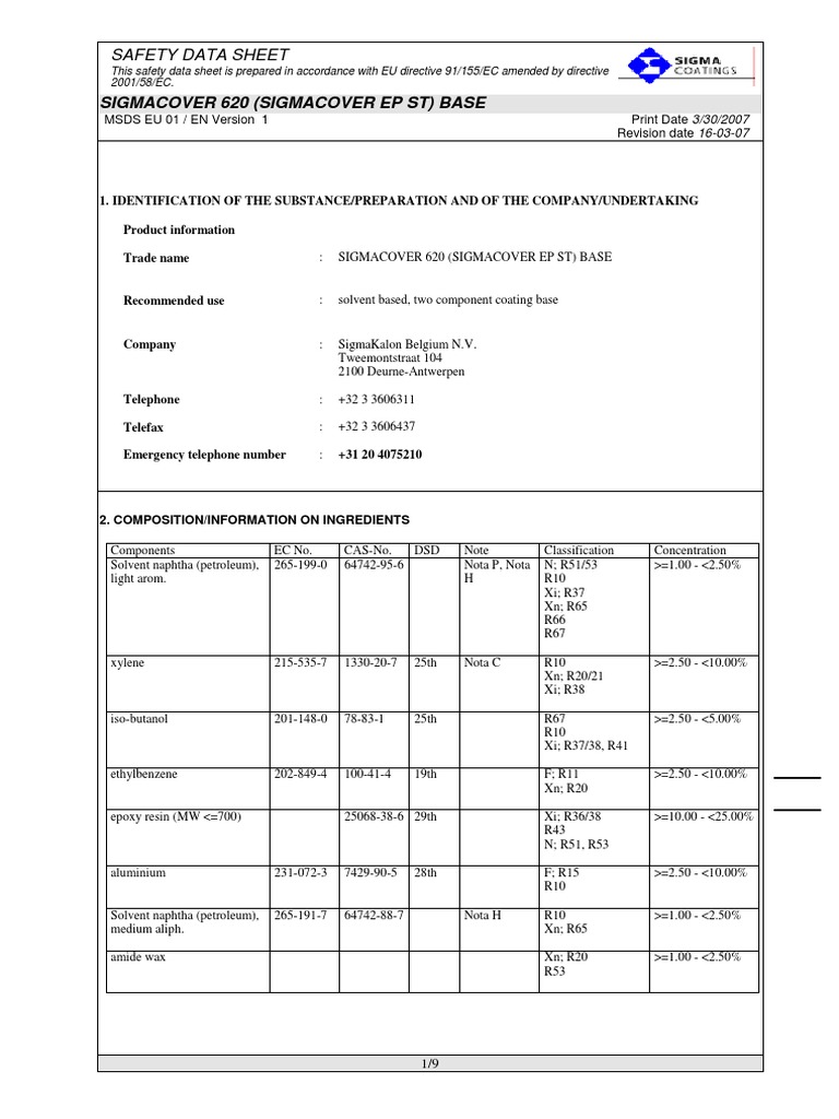 Msds SIGMACOVER 620 | PDF | Firefighting | Toxicity
