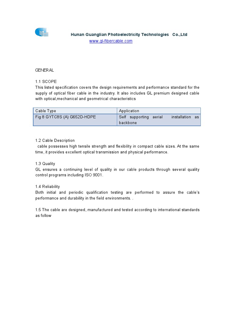 GYTC8S Fiber Optic Cable Specification - GL | PDF | Attenuation | Optical Fiber