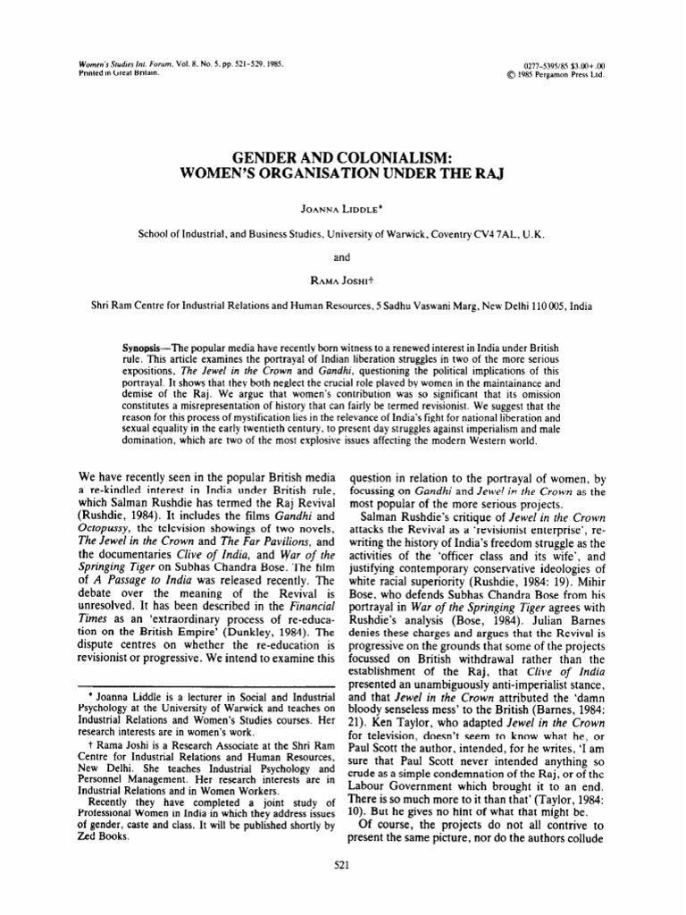 Gender and Colonialism: Women'S Organisation Under The Raj | PDF ...