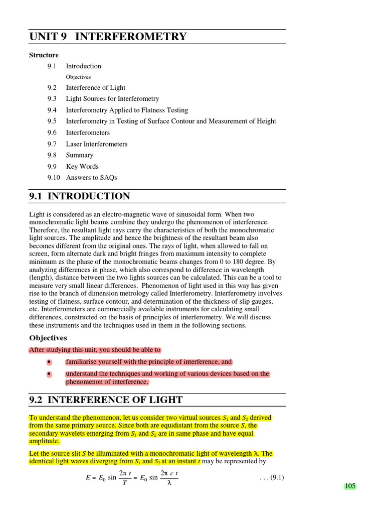 Unit 9 Interferometry: Structure | PDF | Interferometry | Optics