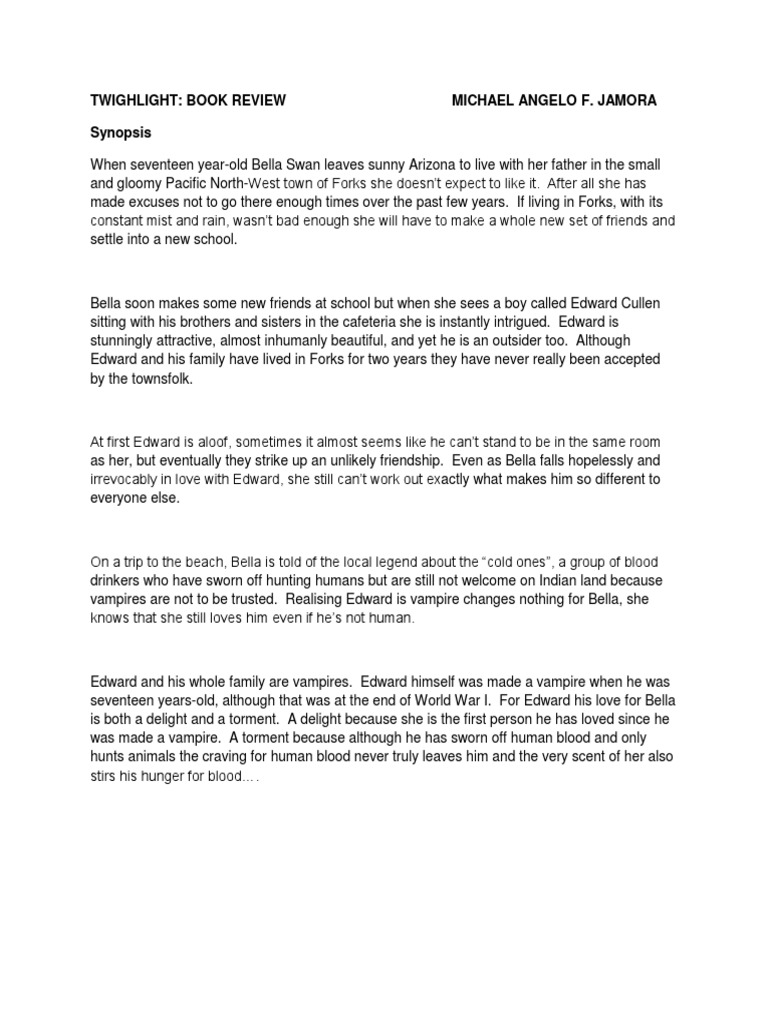 Twighlight: Book Review Michael Angelo F. Jamora Synopsis | PDF ...