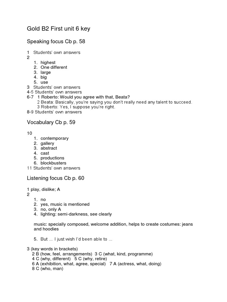 Gold B2 First Unit 6 Answer Key | PDF | Verb | English Language
