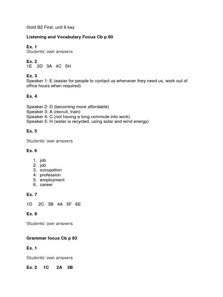 Gold B2 First Unit 8 Answer Key | PDF | Adjective | Syntax