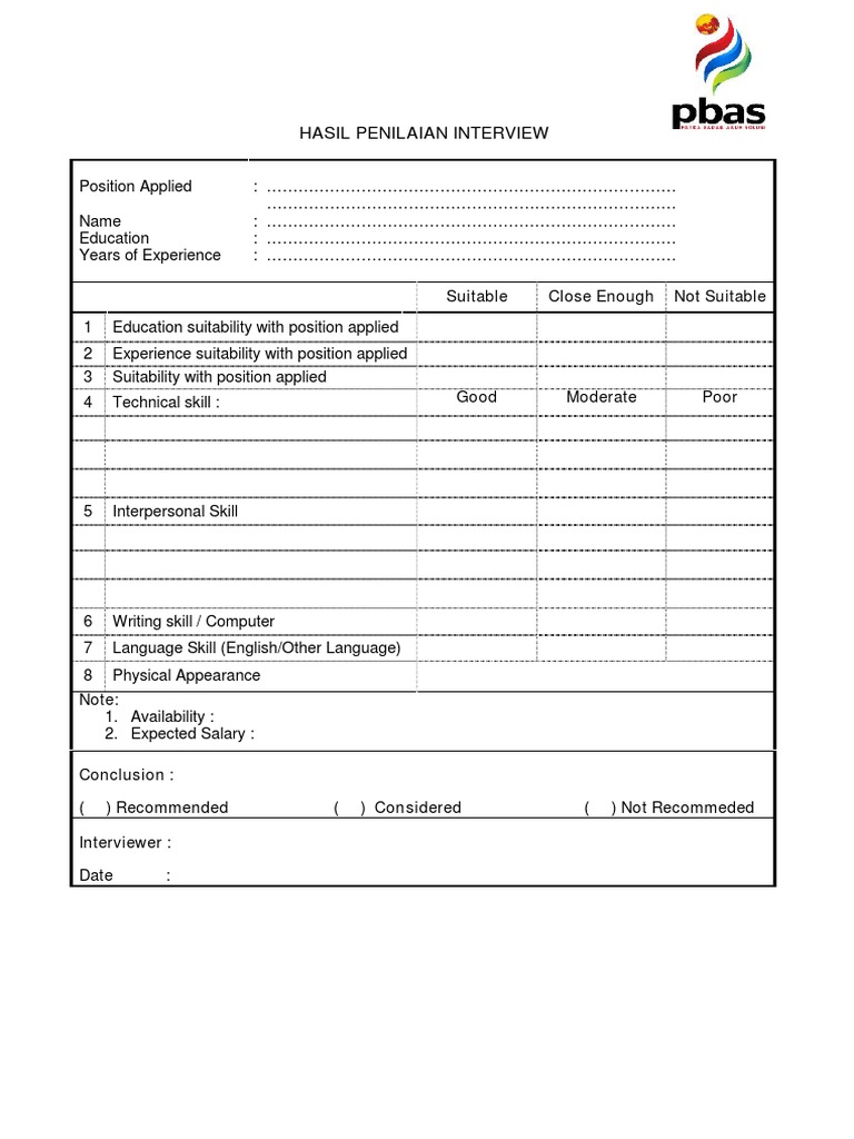 Form Penilaian Interview | PDF