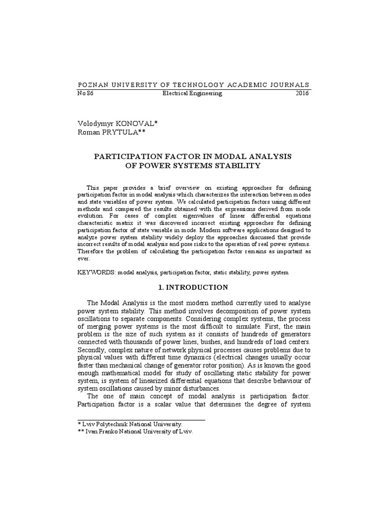 Participation Factor in Modal Analysis of Power Systems Stability | PDF | Eigenvalues And ...