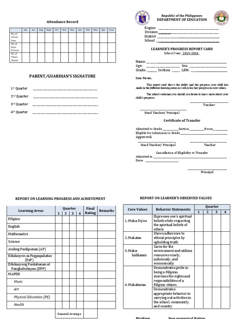 Parent/Guardian'S Signature: Attendance Record Department of Education ...