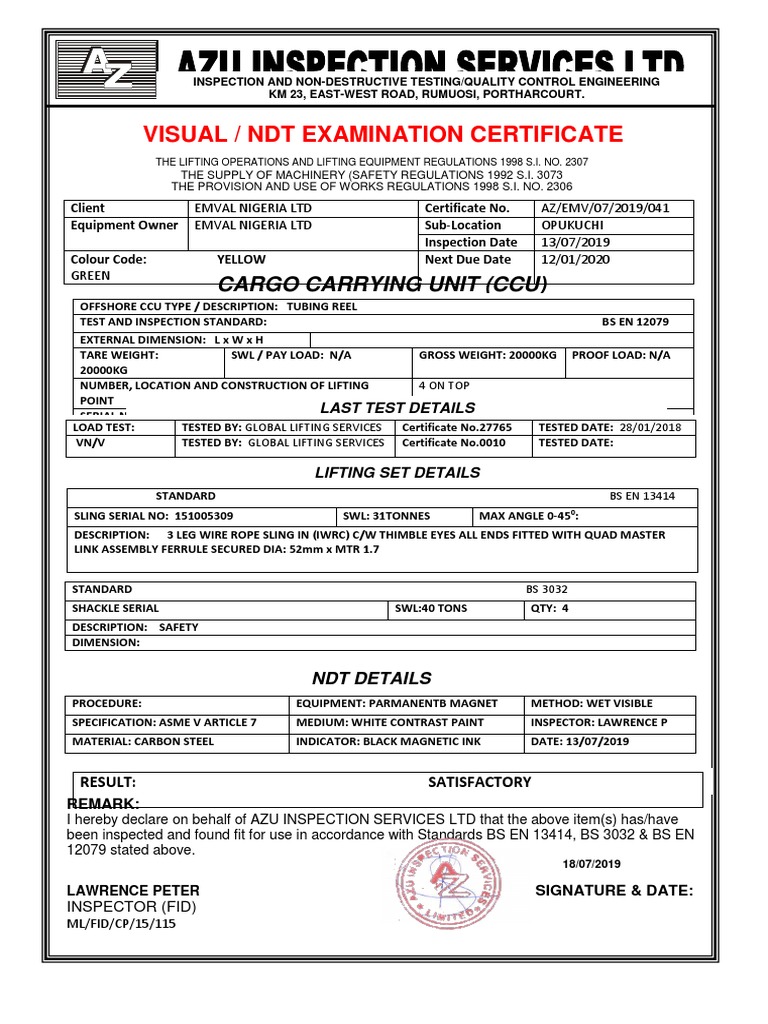 Visual / NDT Examination Certificate: Cargo Carrying Unit (Ccu) | PDF ...