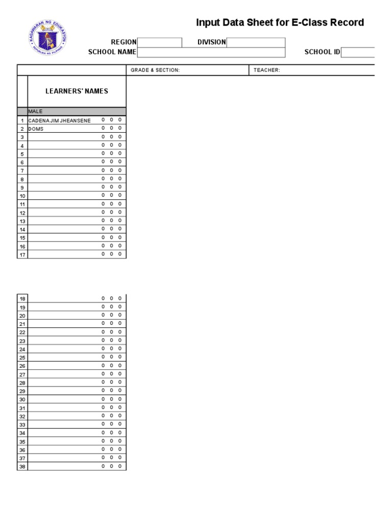 E-Class Record Input Data Sheet | PDF | Learning