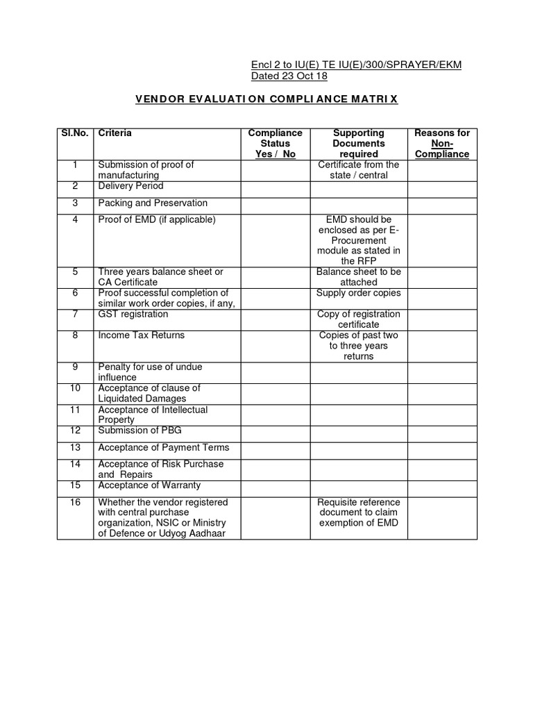 Vendor Evaluation Compliance Matrix | PDF