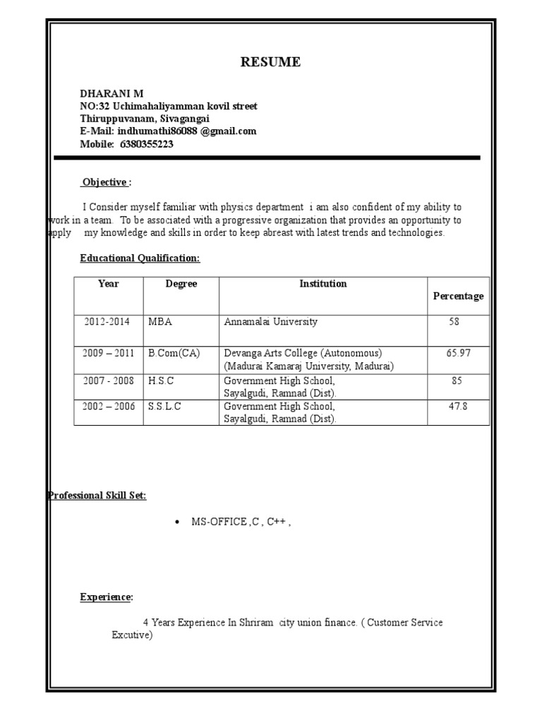 Resume: Dharani M NO:32 Uchimahaliyamman Kovil Street Thiruppuvanam ... Resume: Dharani M NO:32 Uchimahaliyamman Kovil Street Thiruppuvanam ...