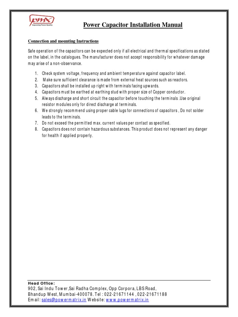 Power Capacitor Installation Manual: Connection and Mounting ...