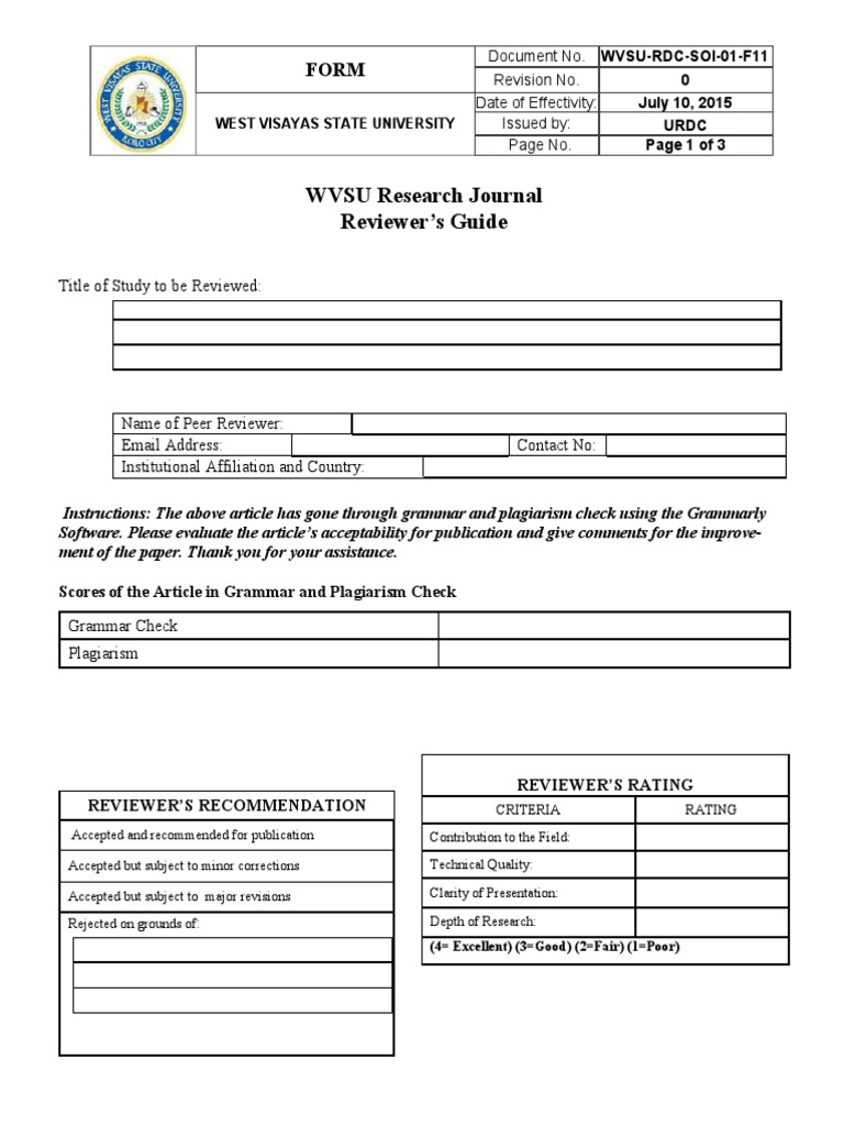 WVSU Research Journal Reviewer's Guide: Title of Study To Be Reviewed ...