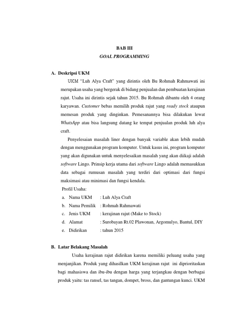 Contoh Laporan Bab Goal Programming | PDF
