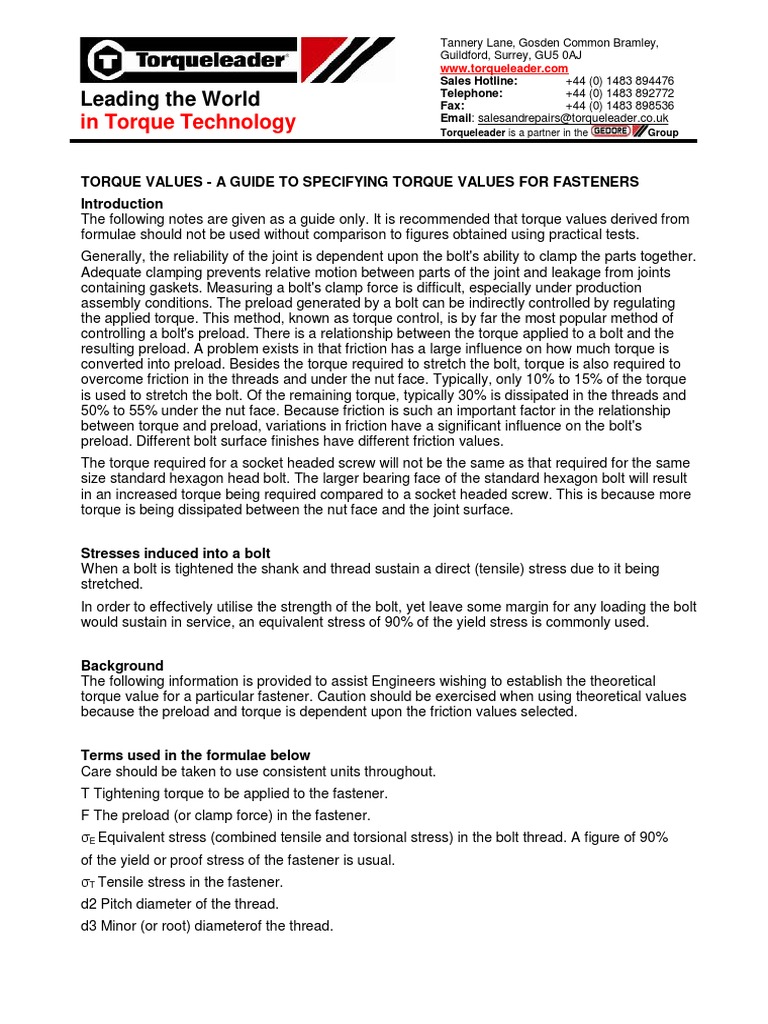 Torque Values - A Guide To Specifying Torque Values For Fasteners PDF ...