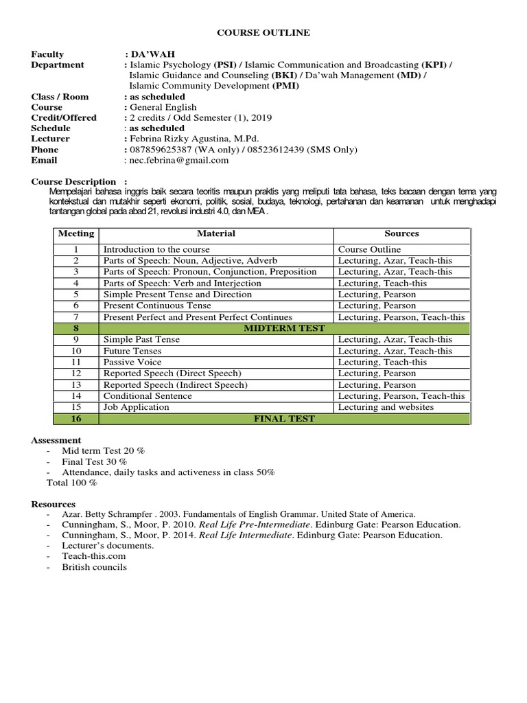 Course Outline General English IAIN | Download Free PDF | Part Of ...