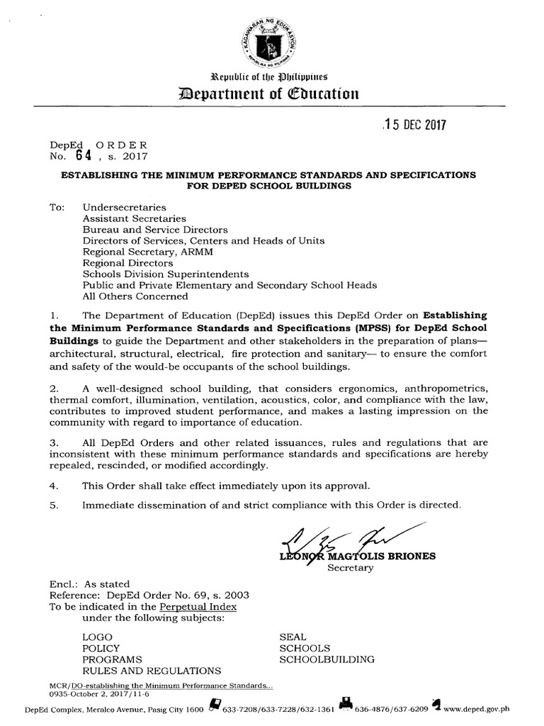 DO - s2017 - 064 - DEPED Minimum Requirements For Classroom Building PDF | PDF