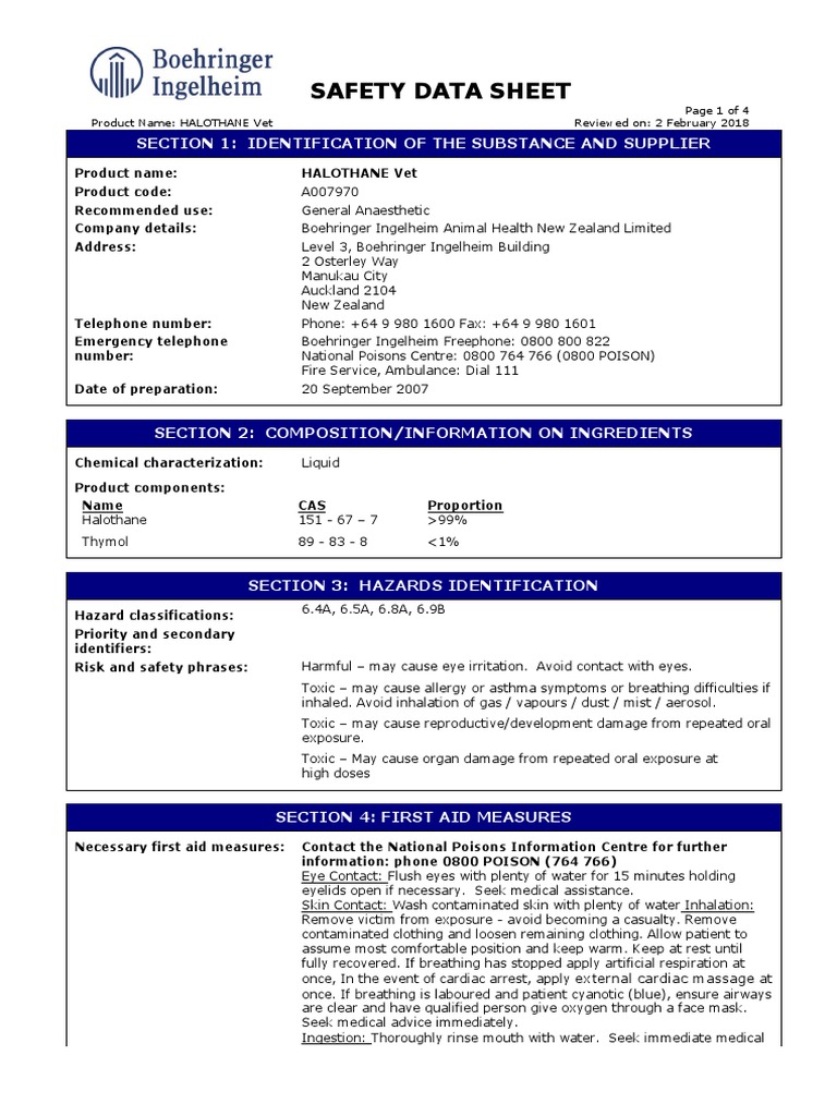 Halothane Vet Safety Data Sheet | PDF | Hypothermia | Toxicity