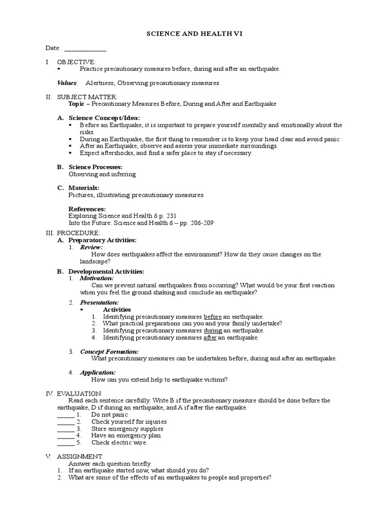 Lesson Plan - Science VI | PDF | Earthquakes | Emergency