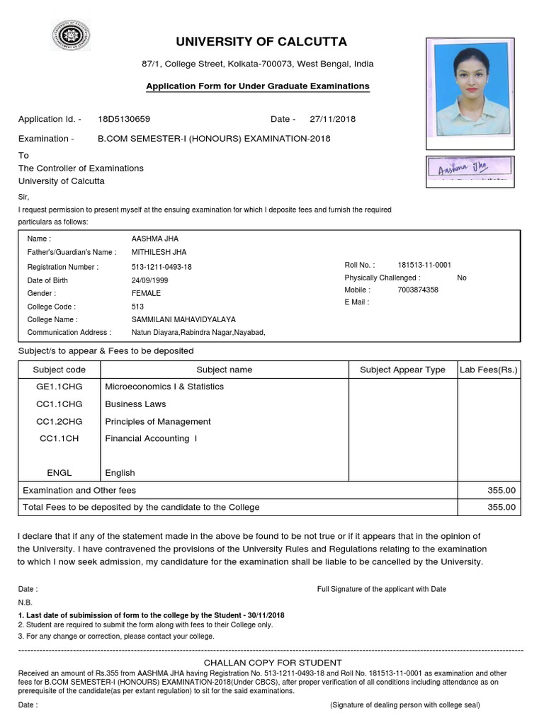 University of Calcutta: Application Form For Under Graduate ...