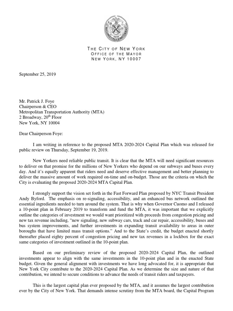 2020-2024 Capital Plan Letter To Chairperson Foye | PDF | Economies ...