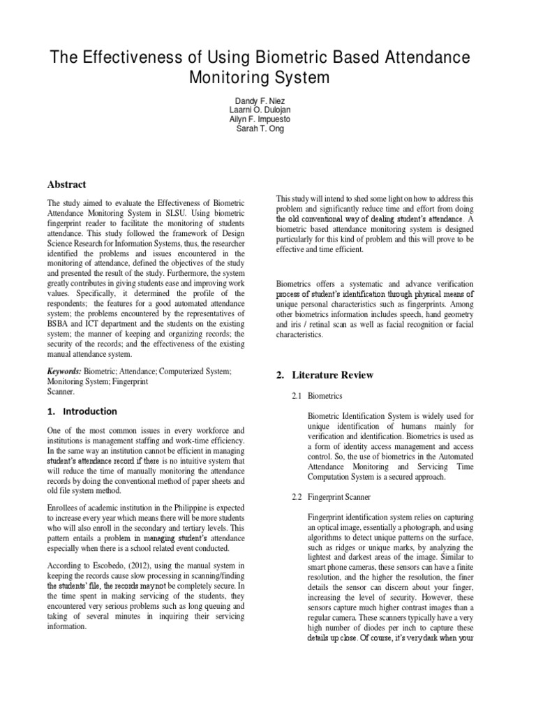 The Effectiveness of Using Biometric Based Attendance Monitoring System | PDF | Biometrics ...