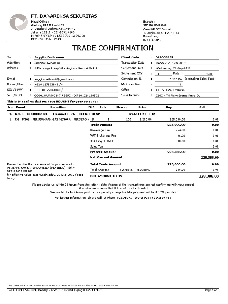 PGAS Trade Confirmation - Sep 2019 | PDF | Taxes | Market (Economics)