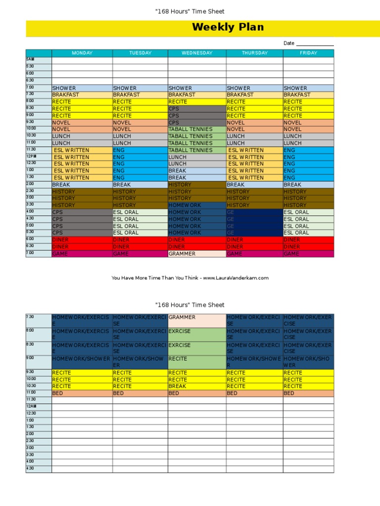 Weekly Plan: "168 Hours" Time Sheet | PDF | Sports