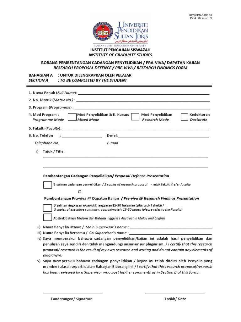 Borang Pembentangan Proposal Terkini | PDF