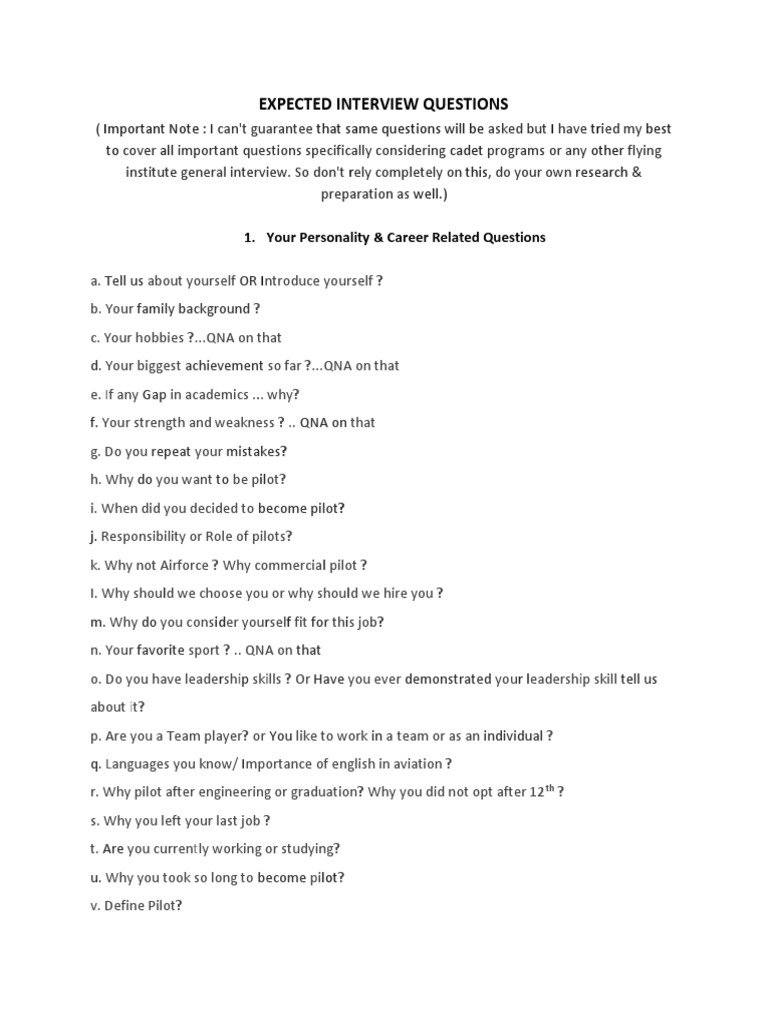 Cadet Pilot Interview Possible Questions | PDF | Aircraft | Aviation