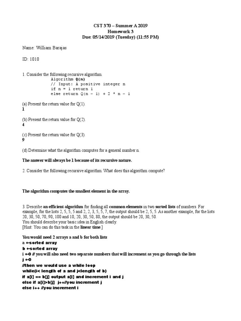 Homework 3 Pdf Recurrence Relation Time Complexity