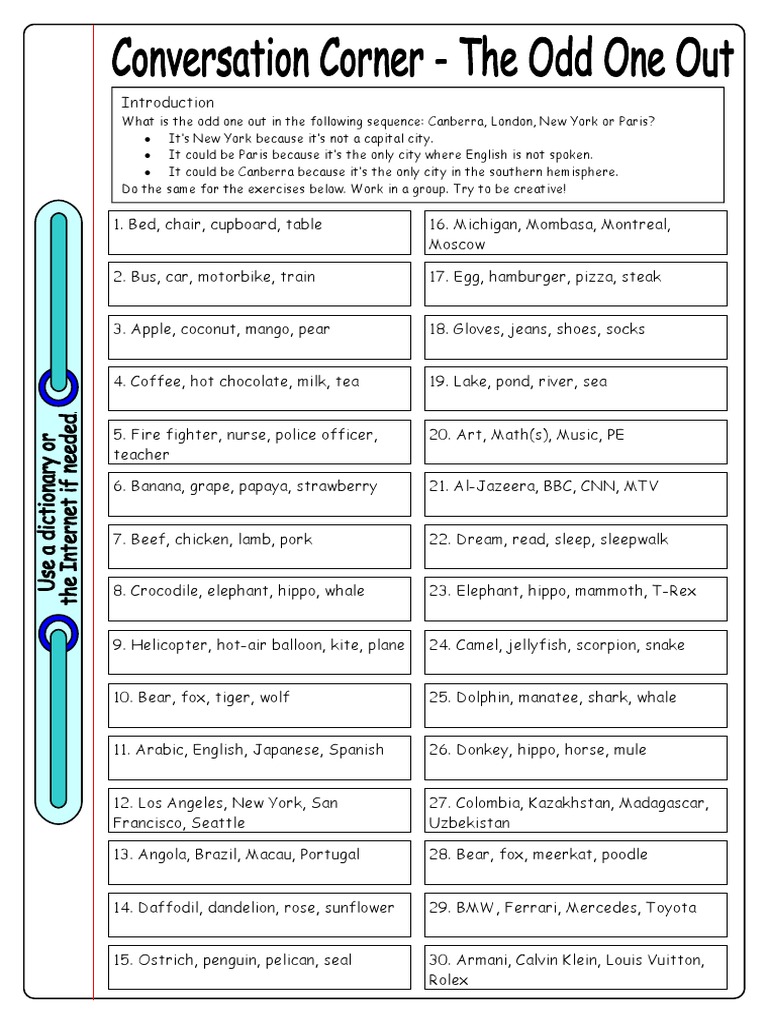 Conversation Corner The Odd One Out Fun Activities Games Games - 2760 | PDF