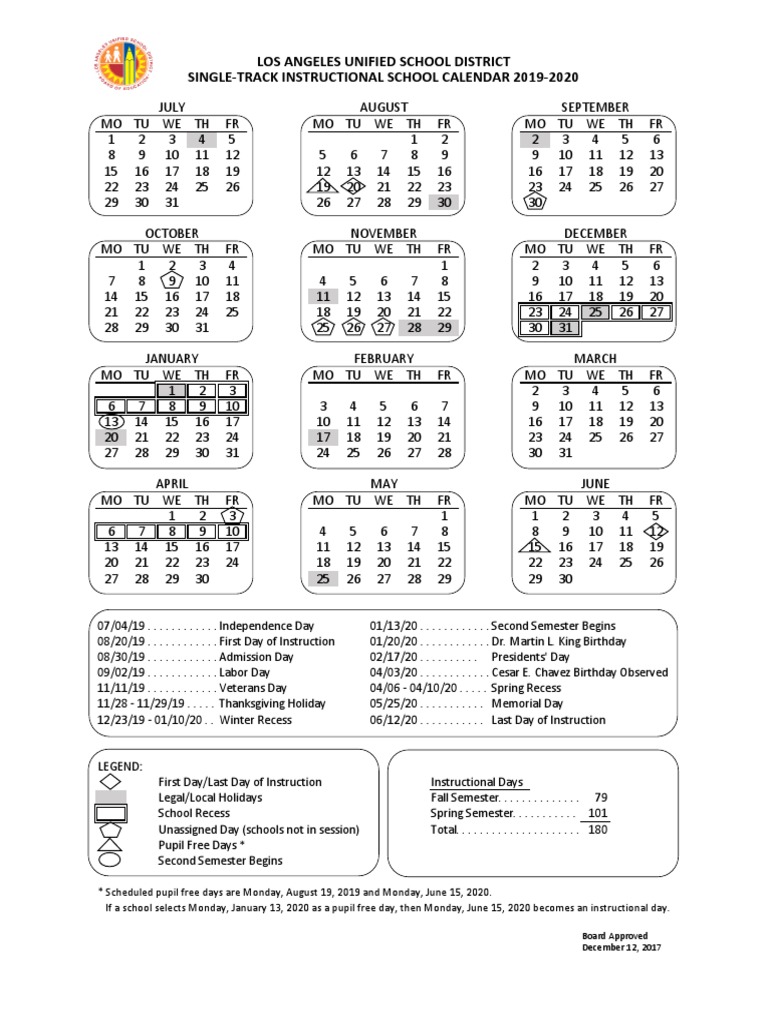 LAUSD 2019-2020 School Calendar | PDF | Academic Term | Educational ...