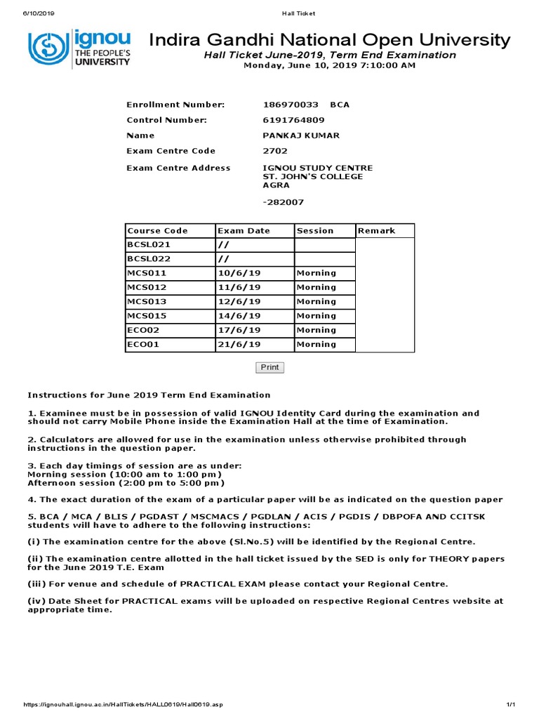Indira Gandhi National Open University: Hall Ticket June-2019, Term End ...
