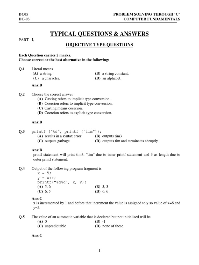 Objective Type Questions on 'C' Programming Fundamentals and Problem Solving Techniques | PDF ...