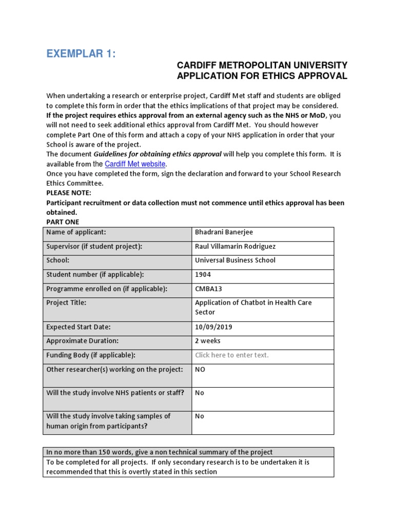 Exemplar 1:: Cardiff Metropolitan University Application For Ethics ...