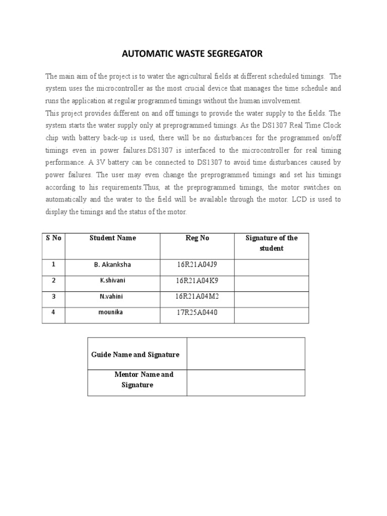 Automatic Waste Segregator: Sno Student Name Reg No Signature of The ...